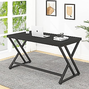 LVB Black Computer Desk, Modern Gaming PC Writing Desk for Home Office, Metal Computer Study Work Table for Bedroom, Industrial Executive Student Simple Workstation Desk with Storage, 55 In, Black Oak