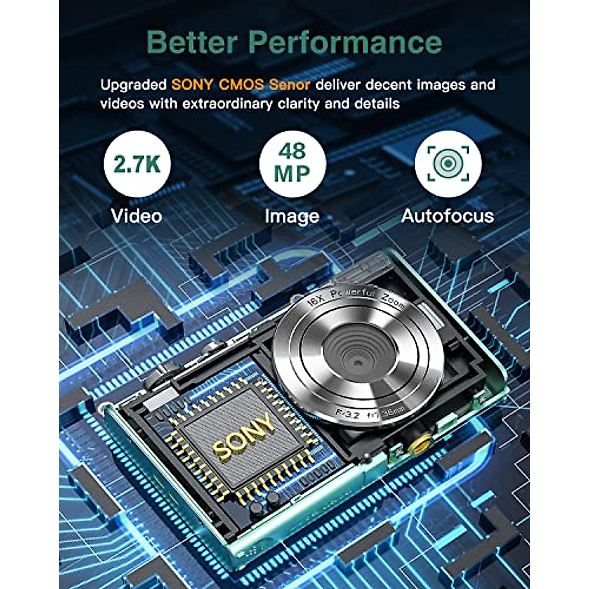 Digital Camera, Zostuic 2.7K Autofocus 48MP Kids Camera with 32 GB Card 16X Zoom Compact Portable Mini Toy Cameras Christmas Birthday Festival Gift for Kid Children Teens Girls Boys(Green)