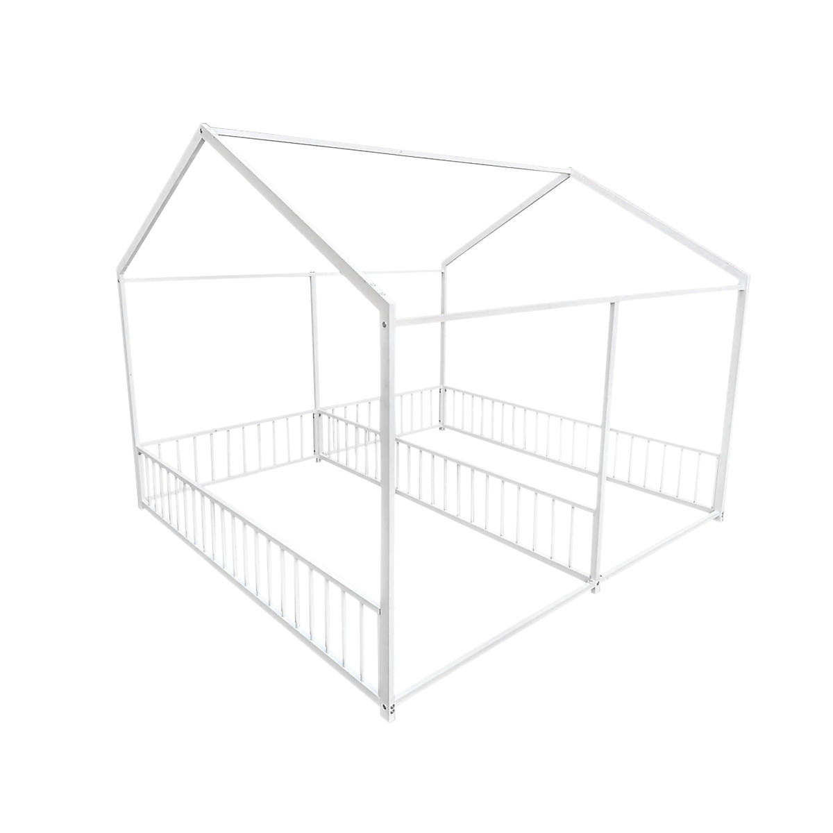 PVWIIK Double Montessori Floor Bed with Fence & Roof for Two Kids Teens Boys Girls,Twin Floor Bed,Easy Assemble,No Box Spring Needed, White