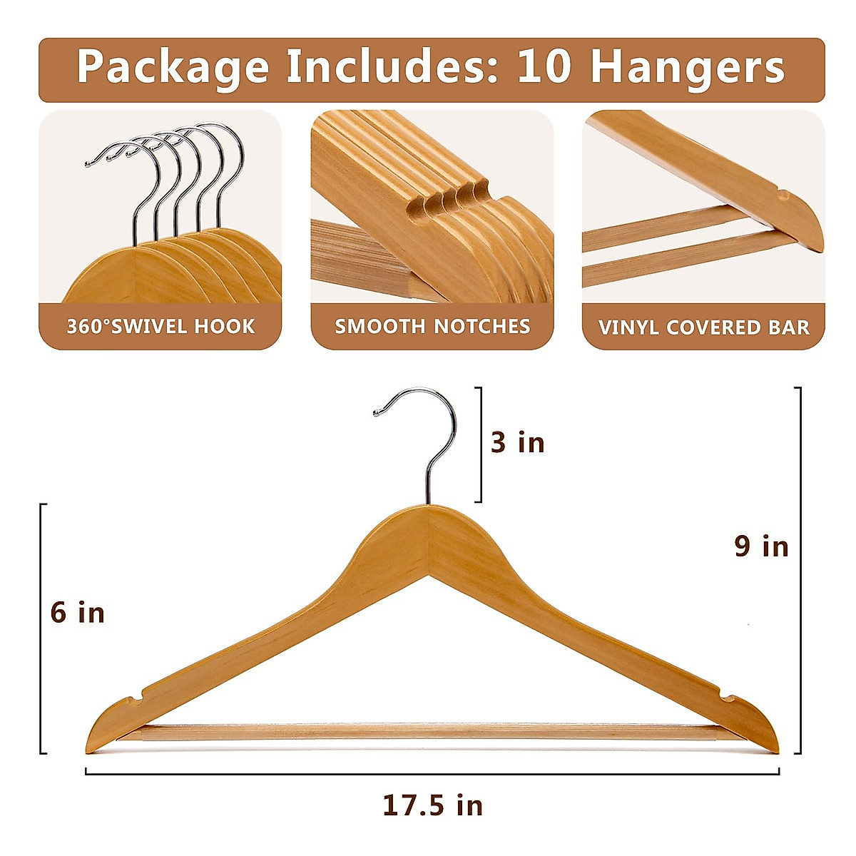 Wooden Hangers 10 Pack, Non-Slip Wood Hangers with 360° Swivel Hook & Notches, Solid & Slim Coat Hangers for Shirt, Suit, Jacket, Dress, Natural-HL01N