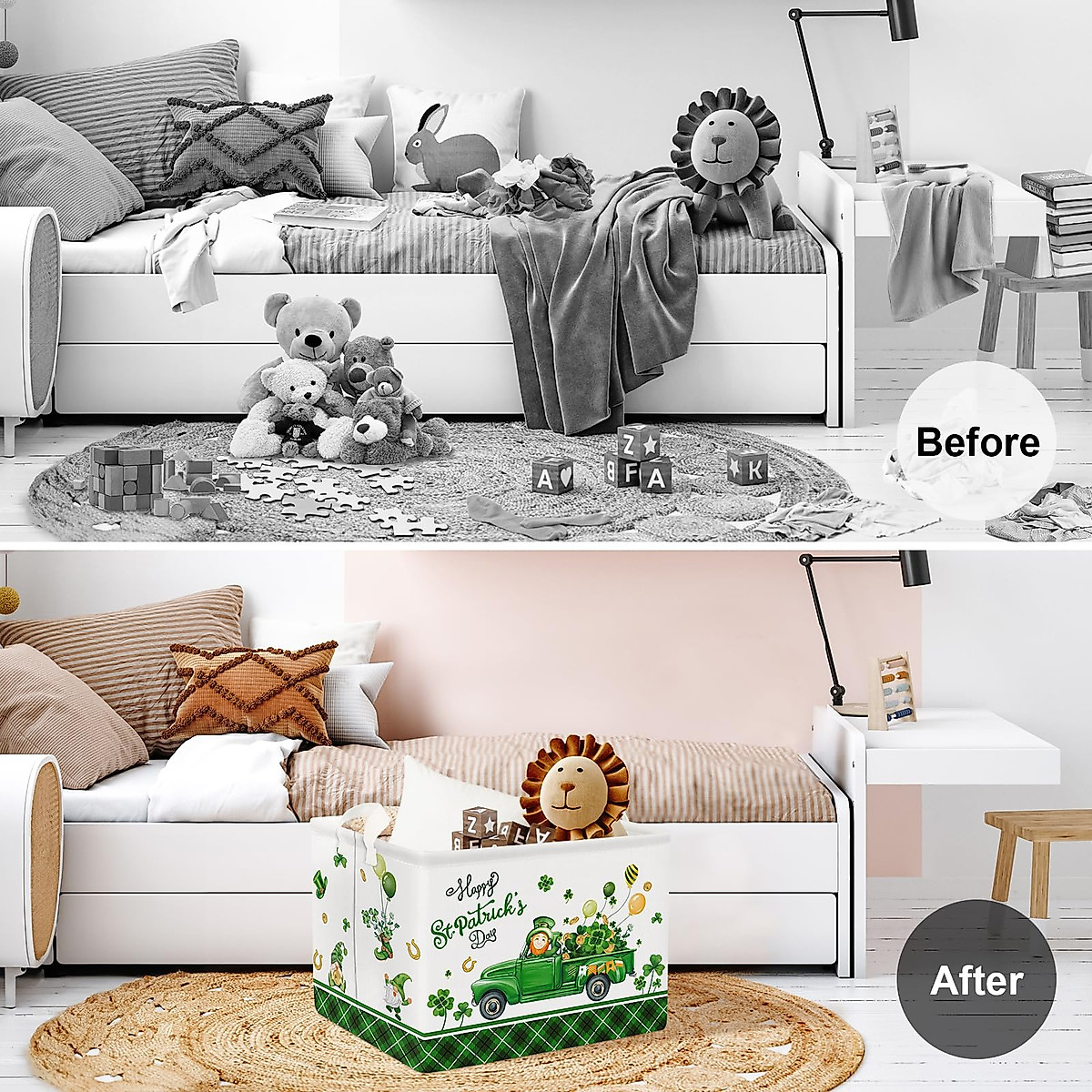 Clastyle St. Patrick's Day Four-leaf Clover Gift Basket Green Balloon Gnome Truck Kid Shelf Basket Rectangle Buffalo Plaid Clothes Book Toy Toy Storage Cube, 36L