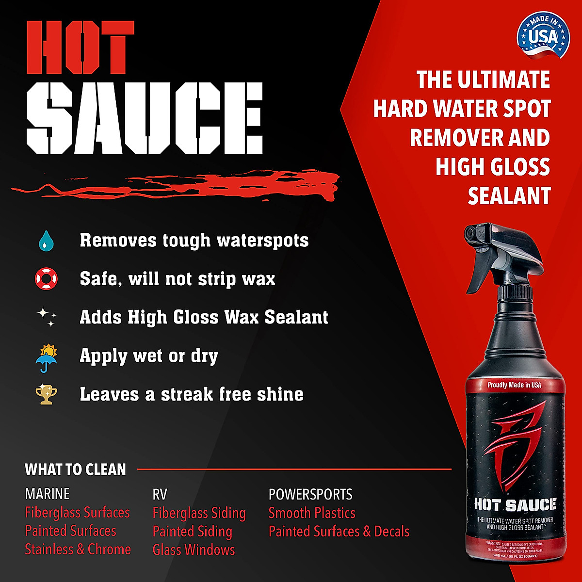 Boat Bling Hot Sauce Premium Hard Water Spot Remover w/High-Gloss Wax Sealants, 32 oz.
