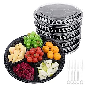 16 Pack Round Appetizer Serving Trays with Lids & 100Pcs Forks,6 Divided Compartments Disposable Food Storage Containers Serving Plate Veggie Trays(Black)