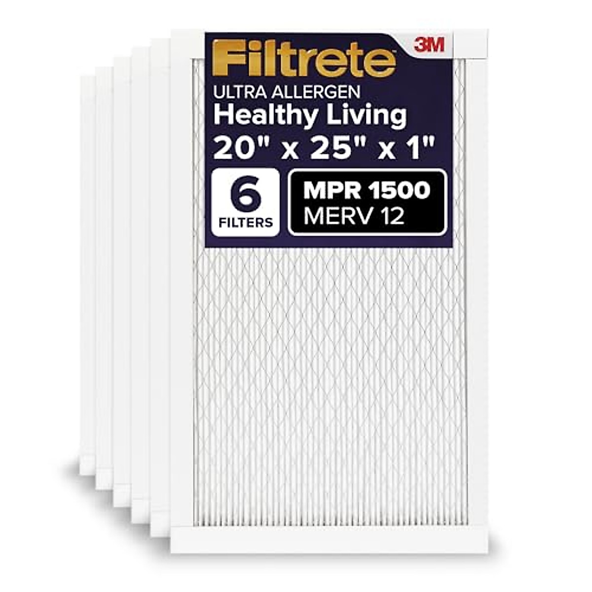 Filtrete 20x25x1 AC Furnace Air Filter, MERV 12, MPR 1500, CERTIFIED asthma & allergy friendly, 3 Month Pleated 1-Inch Electrostatic Air Cleaning Filter, 6-Pack (Actual Size 19.69x24.69x0.78 in)