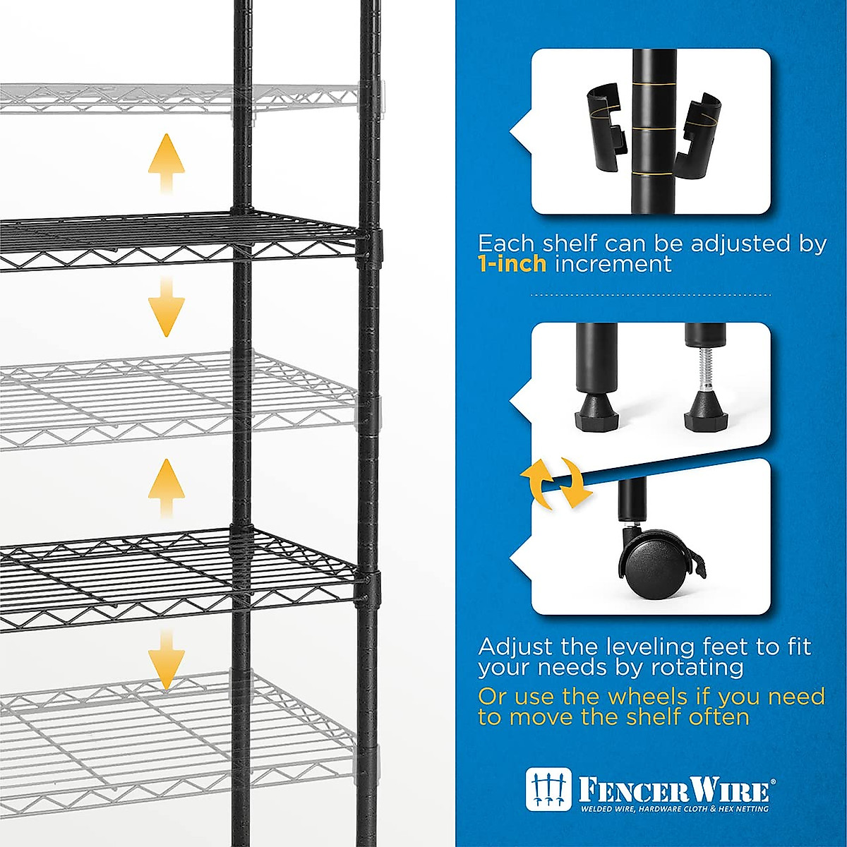 Fencer Wire 4/5-Tier Adjustable Height Wire Shelving Unit, Garage Shelving Storage Organizer, Wire Rack Shelving, Metal Steel Storage Shelf, Utility Storage Shelf with Leveling Feet and Wheels, Black