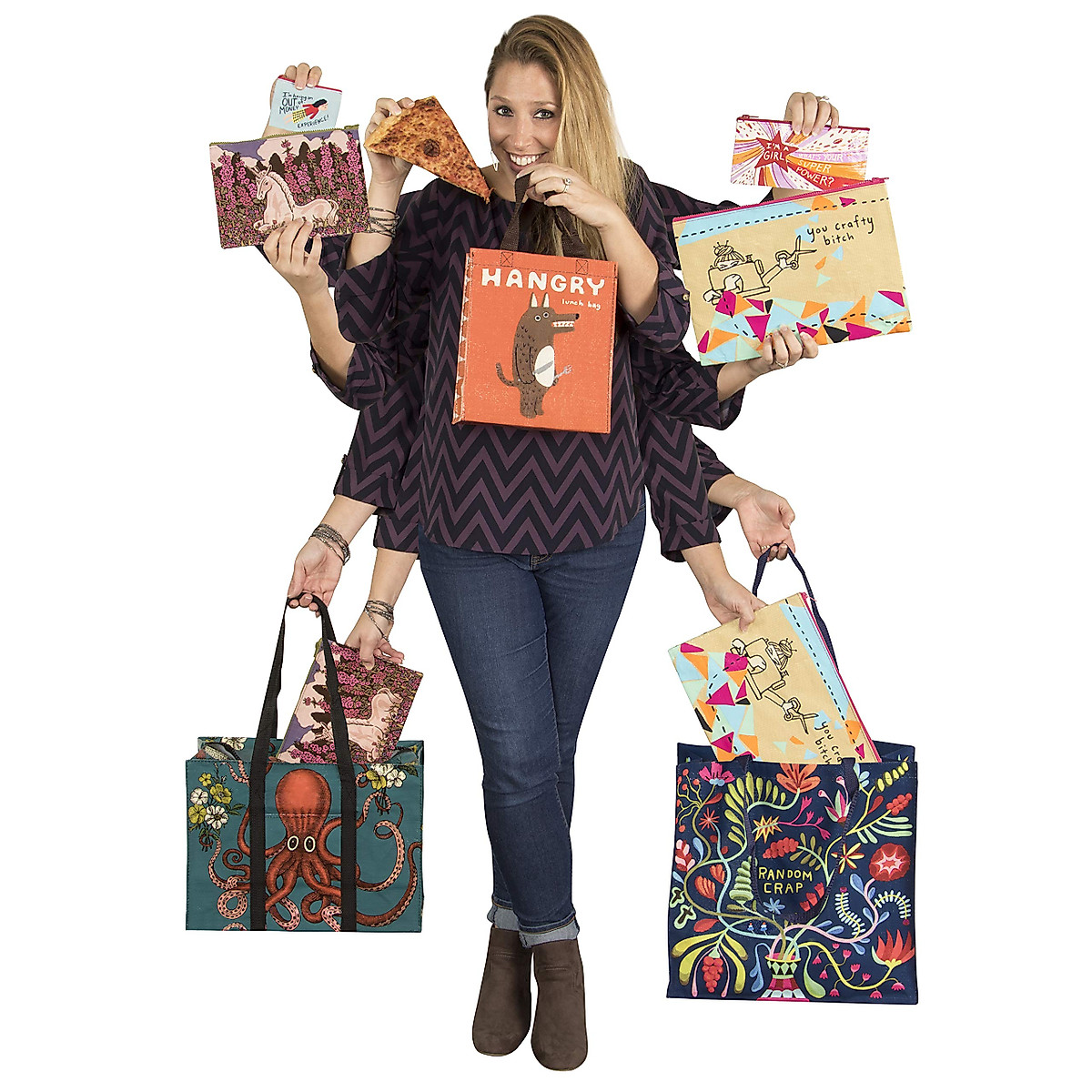 Blue Q Shoppers, Reusable Grocery Bag, Sturdy, Easy-to-Clean, 15" h x 16" w x 6" d, made from strong 95% recycled material (Random Crap)