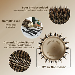 Ndure Beauty Round Hair Brush for Blow Drying, Single Brush with 4 Hair Clips Included, Ceramic & Ionic Tech Hair Brush with Boar Bristles, Round Barrel Brush for Styling, Curling and Straightening