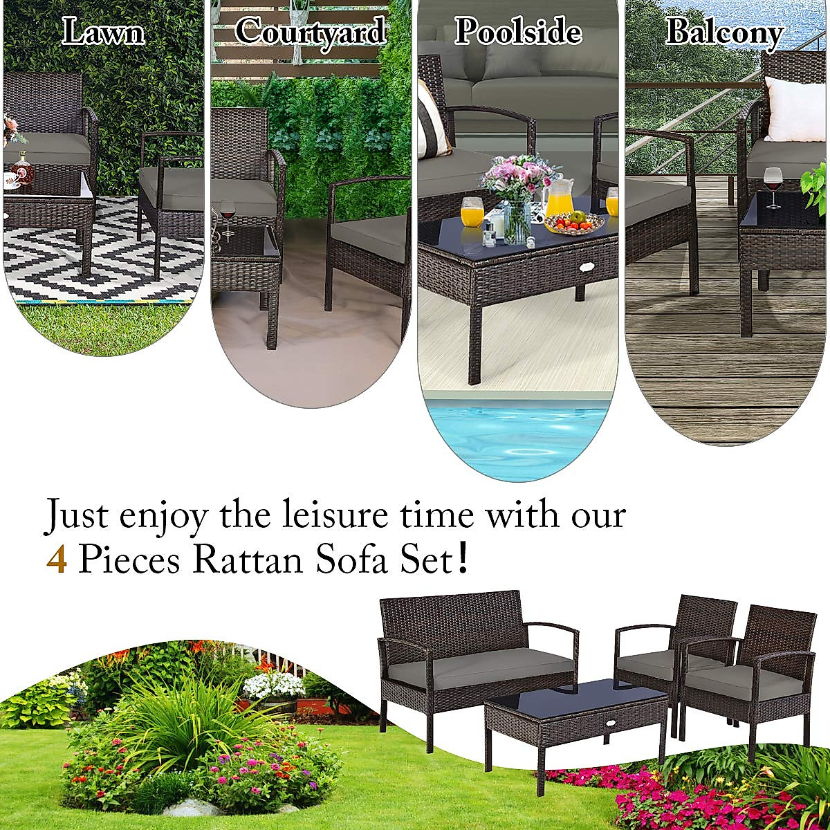 Toolsempire Outdoor Conversation Set 4 Pieces Patio Furniture, Wicker Patio Chair Sofa Set with Water-Resistant Dark-Brown Cushion & Tempered Glass Table for Backyard, Balcony, Porch(Brown)