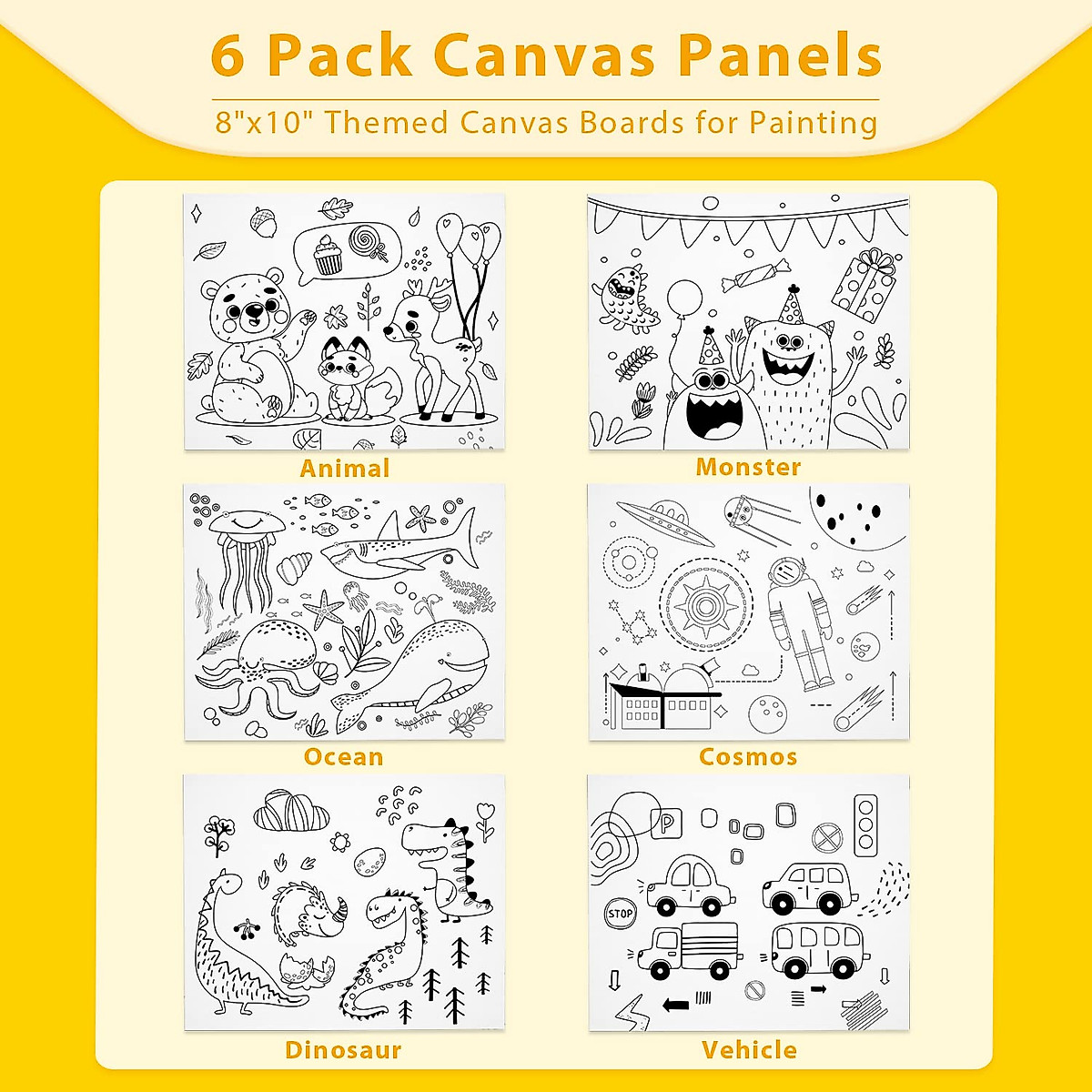 AUREUO Pre Drawn Canvas - 6 Pre Printed 8x10 Canvas, Acrylic Paints, Wood Easel, Smock, Paint Brushes & Palette Art Gift for Boys Girls