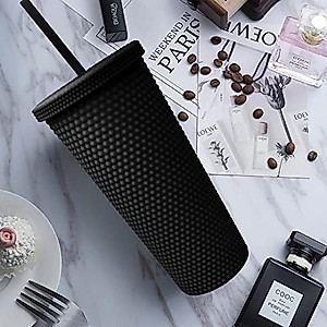 AQUAPHILE 24Oz Matte Studded Tumbler with Reusable Straw and Leak Proof Lid Water Cup Travel Mug Coffee Ice Water Bottle Double Walled Insulated Tumbler BPA Free(Black)