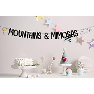 Mountains & Mimosas Banner, Mountain Bachelorette Party Decorations, Cabin Camping Bridal Shower Engagement Wedding Party Supplies Black Silver