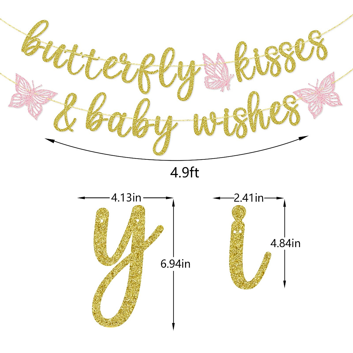 Butterfly Kisses and Baby Wishes Banner, Butterfly Themed Baby Shower Decorations for Girl, Pre-assembled, Gold Glitter