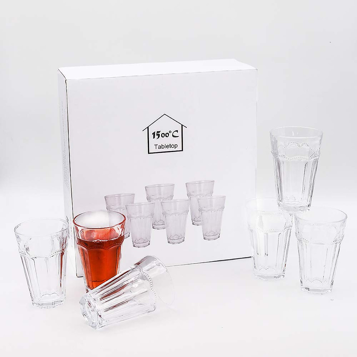 G Pearl Ridge Large Highball Drinking Glasses Set Of 6,13 oz Durable Stackable Iced Beverage For Soda, Juice, Milk, Coke, Beer Spirits Old Fashioned Glasses - Dinner Bar,Water Tumblers For Daily Use
