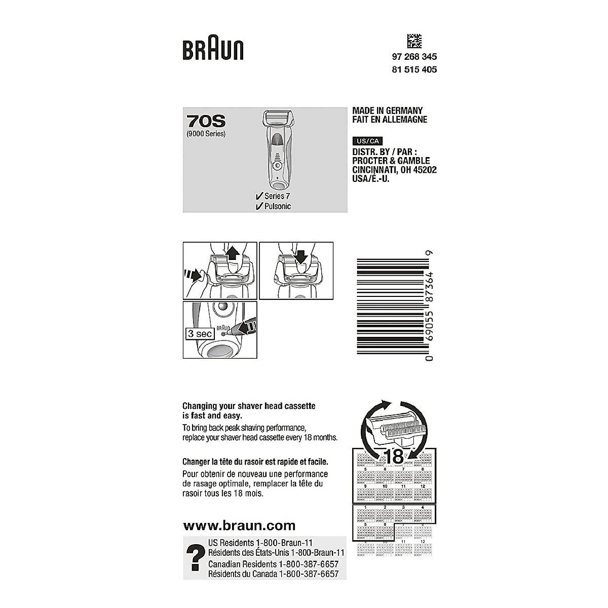 Braun Replacement Foil & Cutter Cassette - 70S, Series 7, Pulsonic - 9000 Series Braun Cassette 70S