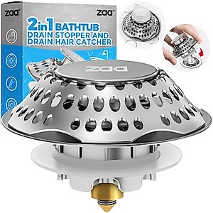 zaa Bathtub Drain Stopper, Upgraded 2in1 Tub Stopper Bathtub Drain Cover and Hair Catcher, Pop Up Bathtub Drain Plug, Replaces Lift & Turn, Tip-Toe or Trip Lever, for 1.46-2" W Drain Hole, Silver