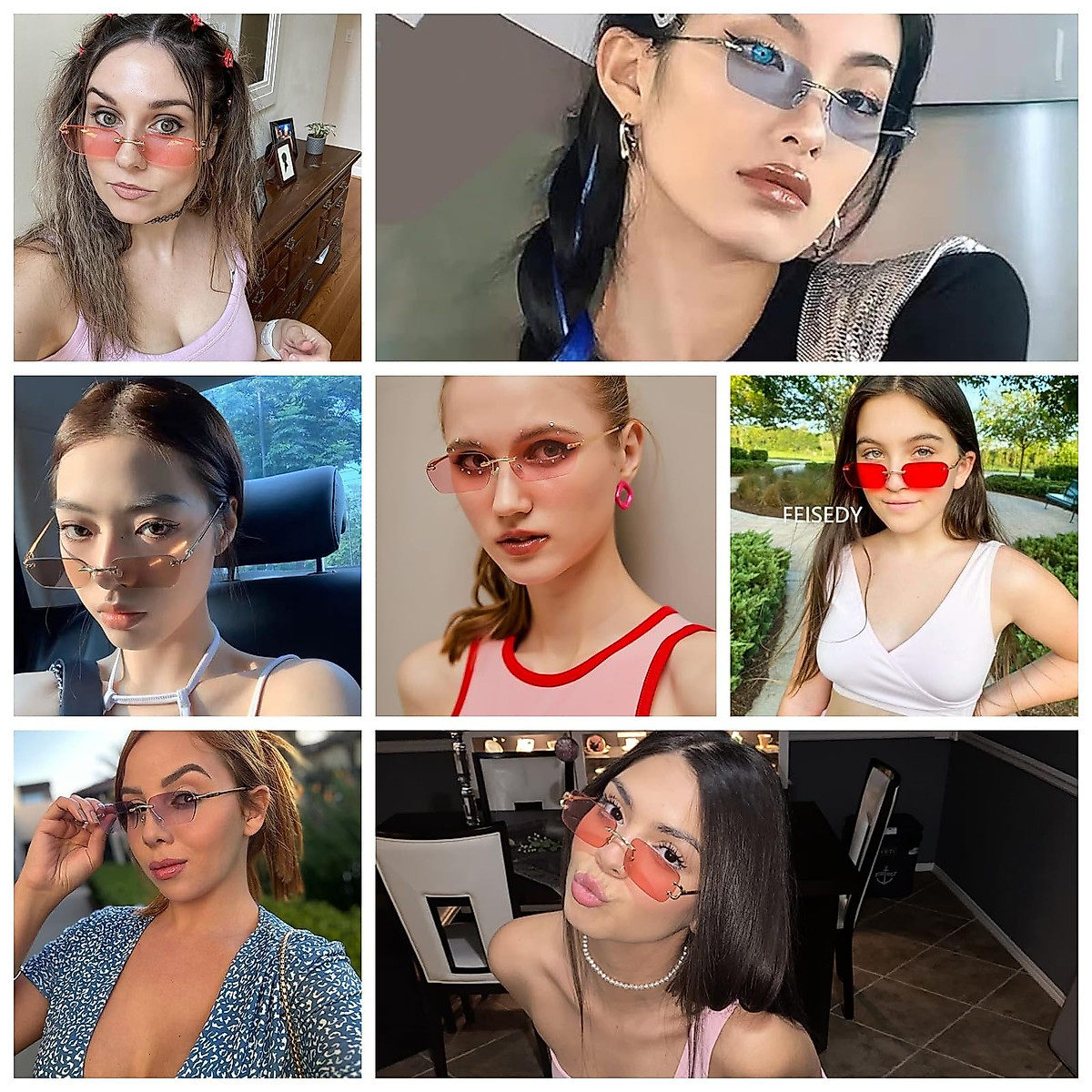 FEISEDY Rimless Sunglasses Y2K Sunglasses Retro Small Narrow Clear Eyewear Vintage Rectangle Sunglasses for Women Men B2643