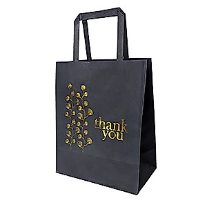 Thank You Bags Bulk with Flat Handles Pack of 50, Black Kraft Paper Bags with Gold Foil Stamp Image Medium Size 10x 4.75 x 8 Inches