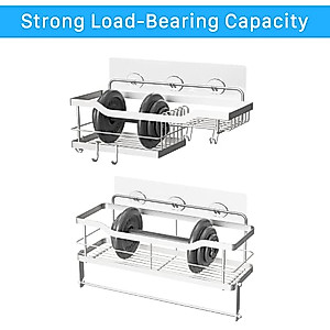 Carwiner Shower Shelf Basket Caddy 2-Pack with 6 Hooks & Tower Hanger & Soap Dish Holder, SUS304 Stainless Steel Bathroom Caddy Organizer Rack Adhesive Shampoo Holder Wall Mounted No Drilling (Silver)