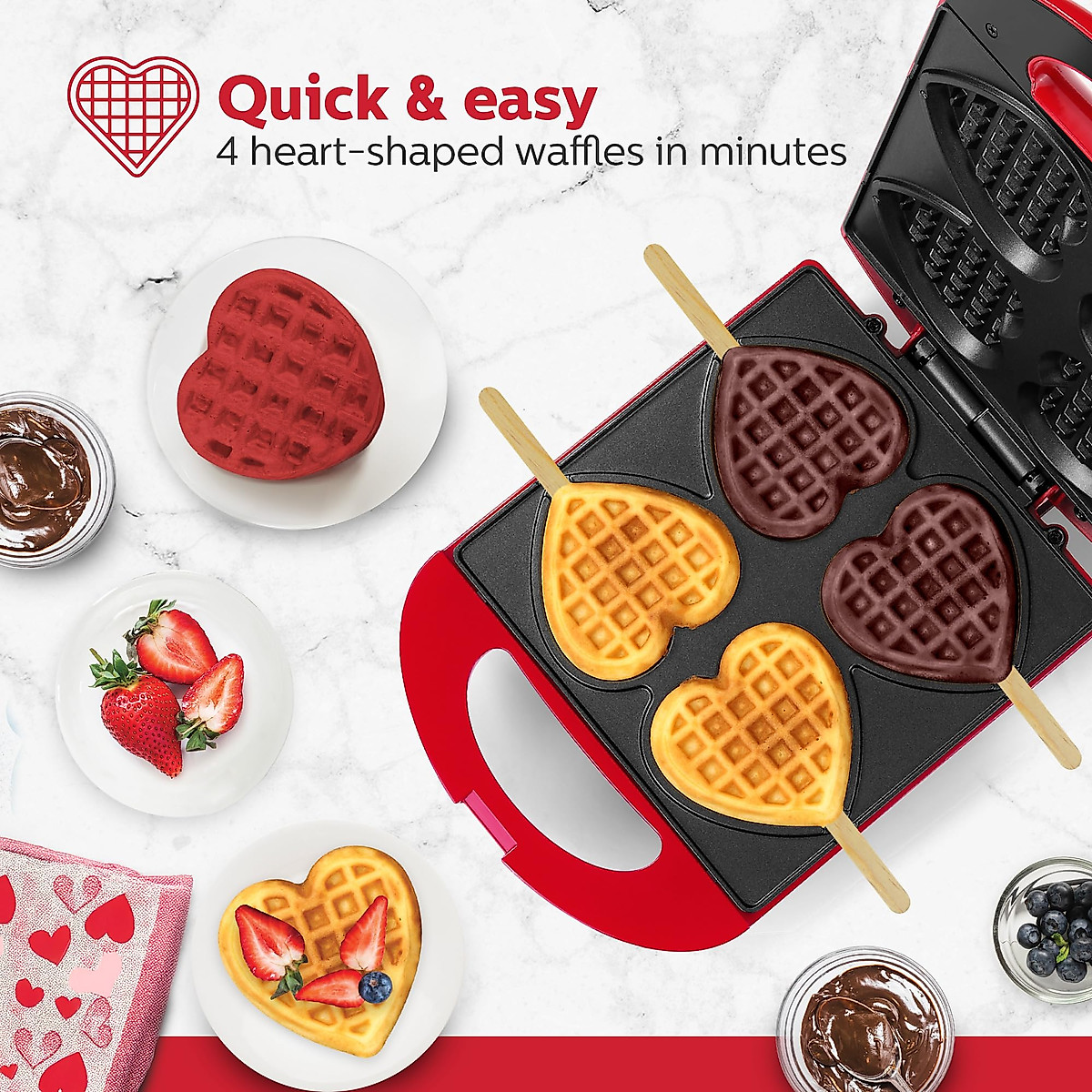 Holstein Housewares - Non-Stick Heart Waffle Maker, Red - Makes 4 Heart-Shaped Waffles in Minutes