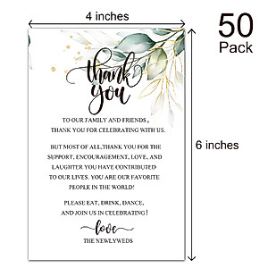 Wedding Thank You Place Setting Cards, Greenery Wedding Reception Thank You Cards, Table Centerpieces and Wedding Decorations, Wedding, Bridal, Engagement, Anniversary, 4x6 Inch, Pack of 50