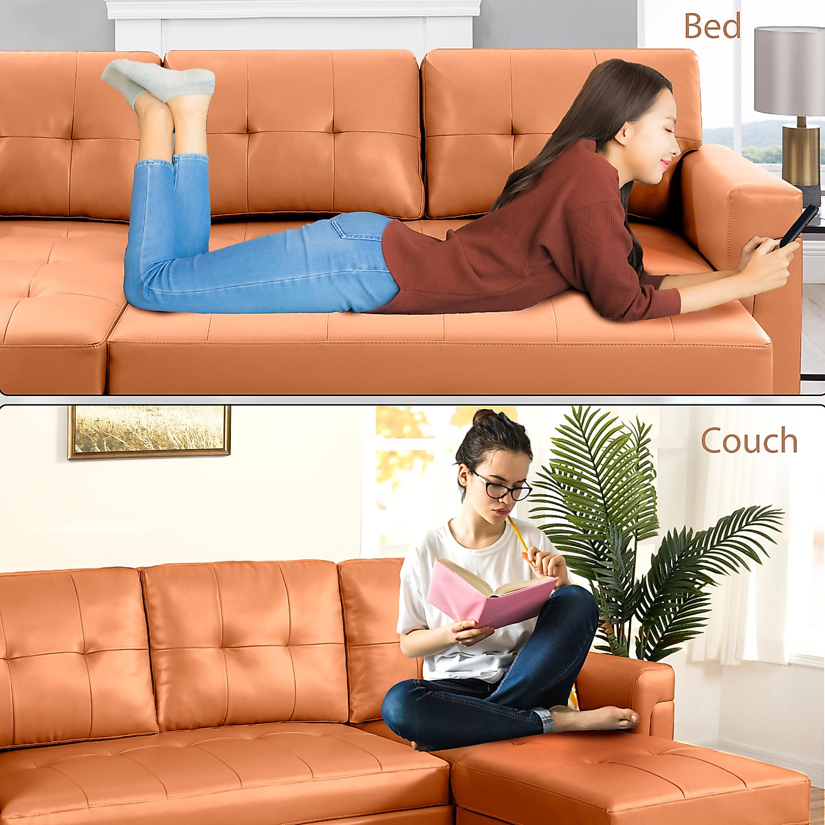 Naomi Home Transform Any Space: Sleeper Sectional Sofa with Convertible Sofa Bed & Inviting Chaise. Find Tranquil Comfort with Stress-Relieving Design & Durable Cushions - Caramel,Air Leather