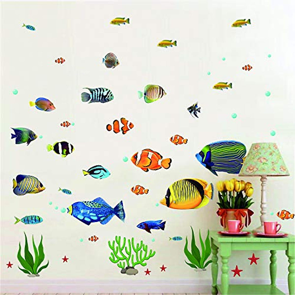 Fish Wall Stickers Under The Sea Decorative Wall Decals Coral Reef Fish Wall Stickers Peel and Stick Starfish Wall Art Sticker Decals for Kids Nursery Bedroom Living Room