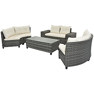 8-Piece Half-Moon Outdoor Sectional Furniture Cushioned Sofa Set, All-Weather PE Wicker Patio Curved Conversation Sets with Rectangular Coffee Table and Side Tables (Beige)