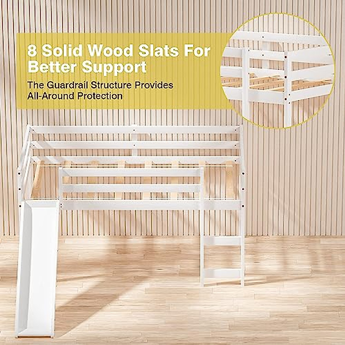 NAFORT Twin Loft Bed with Slide, Low Loft Bed with Stairs, Solid Wood Twin Loft Bed Frame for Girls Boys with Climbing Ladders Guard Rails and Slat Support - White