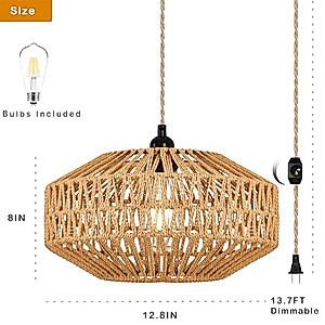 QIYIZM Plug in Pendant Light Hanging Lights with Cord Rattan Boho Hanging Lamp Dimmable,Wicker Bamboo Woven Lamp Shade,Ceiling Light Fixture for Living Room Bedroom Kitchen