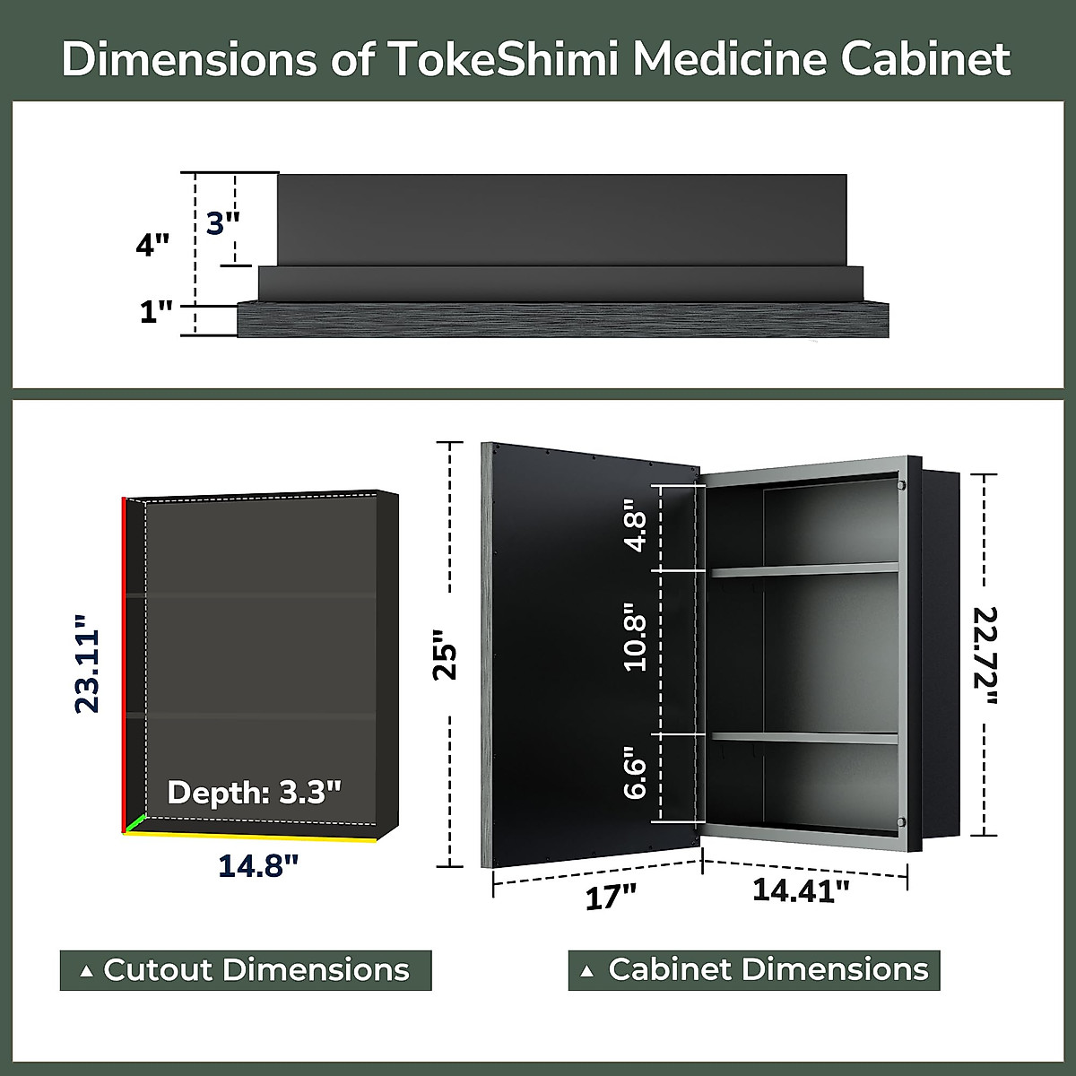 TokeShimi 16x24 Recessed Medicine Cabinet with Mirror Wall Mounted, Metal Beveled Mirror with Storage for Bathroom Vanity, Aluminum Alloy Medicine Cabinet Mirror Black 1 Door