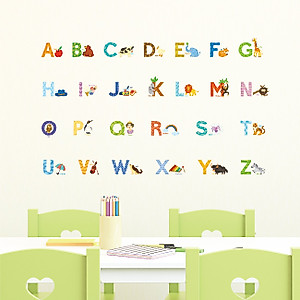 DECOWALL DS-8003 Watercolour Animal Alphabet Kids Wall Stickers Wall Decals Peel and Stick Removable Wall Stickers for Kids Nursery Bedroom Living Room (Small) d?cor