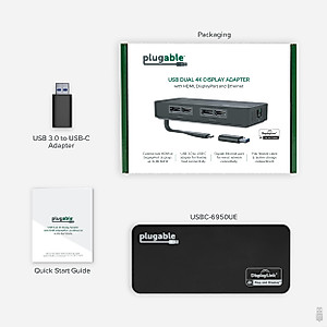 Plugable 4K DisplayPort and HDMI Dual Monitor Adapter with Ethernet for USB 3.0 and USB-C, Compatible with Windows and Mac