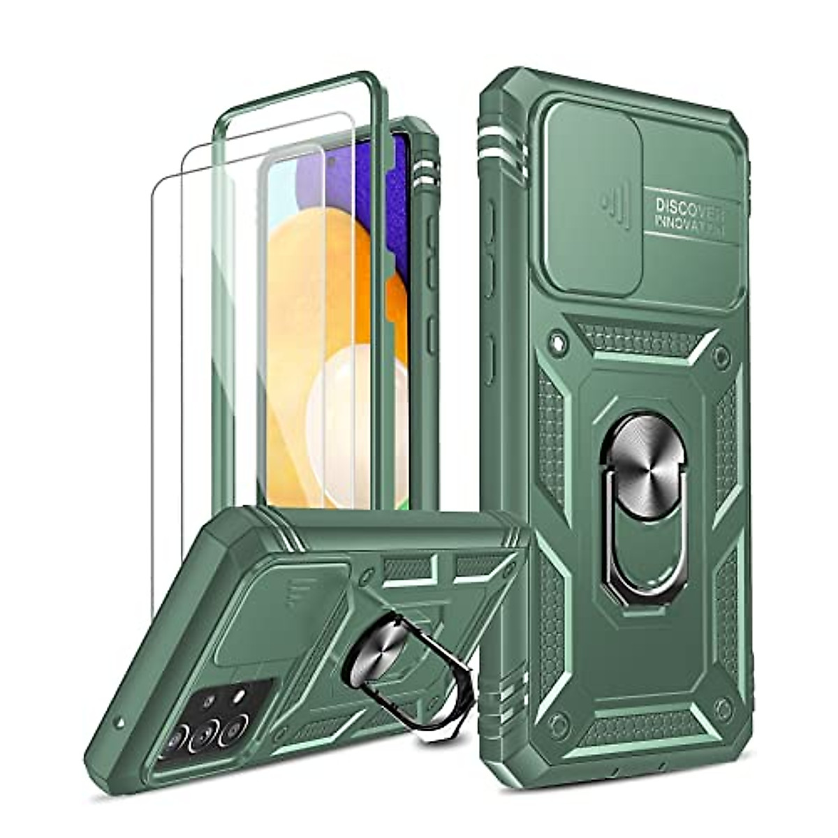 LeYi for Samsung A52 5G / A52s 5G, Galaxy A52 5G Case with Slide Camera Cover + [2 Pack] Tempered Glass Screen Protector, 360 Full Body Military-Grade Phone Case with Ring Kickstand for A52 5G, Green