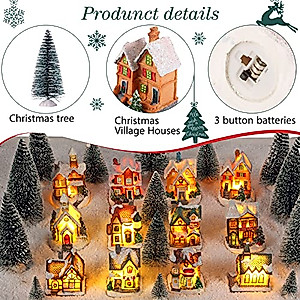 Kajaia 12 Pieces Christmas Winter Houses Village with 12 Pieces Trees Lamp LED Lights Christmas Winter Village Town Buildings Accessories for Thanksgiving Halloween Village Figurine Desktop Decor