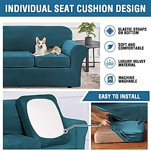 H.VERSAILTEX Modern Velvet Plush 4 Piece High Stretch Sofa Slipcover Sofa Cover Furniture Protector Form Fit Luxury Thick Velvet Sofa Cover for 3 Cushion Couch Width Up to 90 Inch (Sofa,Peacock Blue)