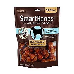 SmartBones Mini Chews With Real Peanut Butter 32 Count, Rawhide-Free Chews For Dogs