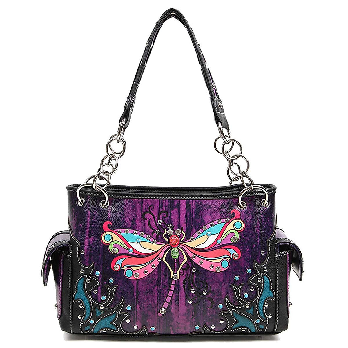 Colorful Dragonfly Western Style Spring Rhinestone Studded Purse Leather Country Handbag Women Shoulder Bag Wallet Set (#2 Purple)