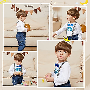 Pinleck Toddler Baby Boy Birthday Clothes Set Bowtie Romper Suspenders Ripped Denim Pants Outfits (1st Birthday-Blue-1Long, 6-12 Months)