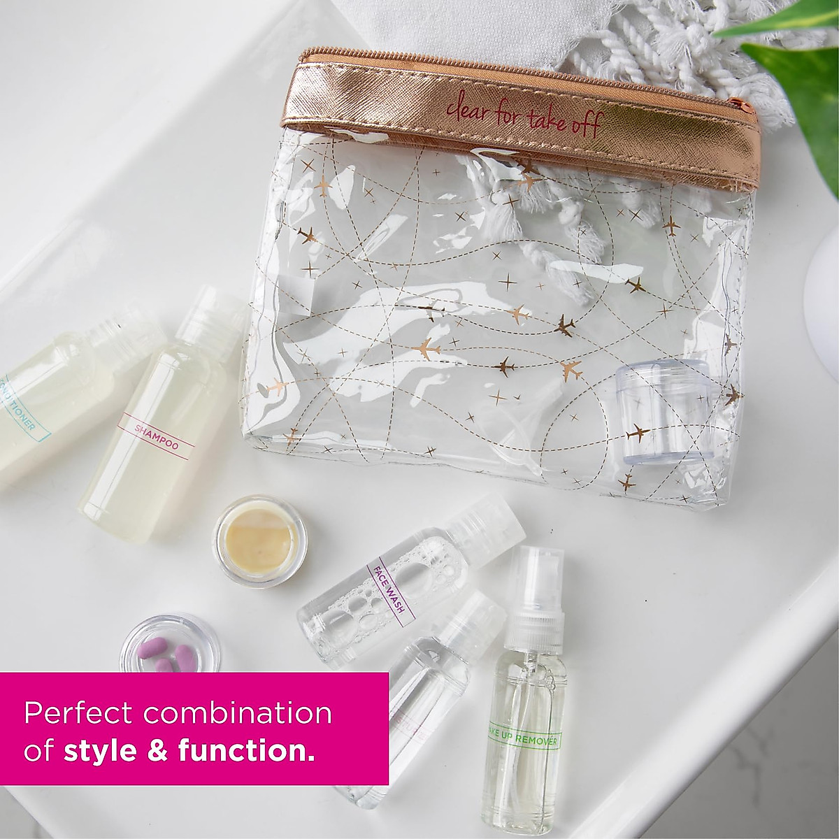 Miamica “Clear for Take Off” TSA Compliant Travel Bottles and Travel Toiletry Bag – Includes 12 Pieces – 7.55" L x 7.4" W x 1.8" D, Clear/Black – Cute Travel Gifts