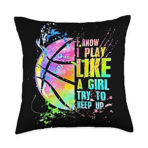 Female Sports try to keep up I Know I Play Like A Girl Try To Keep Up Basketball Throw Pillow, 18x18, Multicolor
