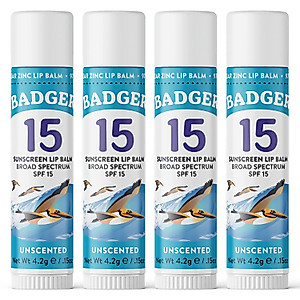 Badger Sunscreen Lip Balm SPF 15, Organic Mineral Sunscreen SPF Lip Balm with Zinc Oxide, Reef Friendly, Broad Spectrum, Water Resistant, Unscented, 15 oz (4 Pack)
