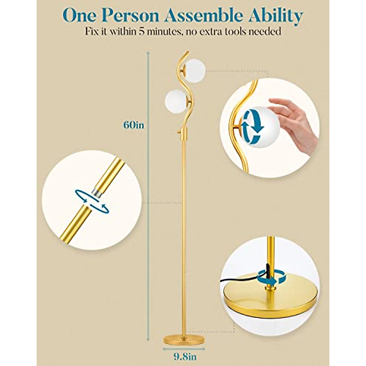 Lightdot Dimmable Globe Floor Lamp, Gold Standing Lamp with 2PCS 3000K G9 Bulbs, Frosted Shades, Industrial Tall Lamps for Bedroom Living Room Mid Century Modern Decor