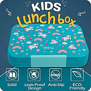 Cheryl Bento Box for Kids 27 oz, Bento Lunch Box Kids with 6-Compartment, Lunch Containers for Kids Daycare, Inner Removable Compartment Tray Dishwasher Safe, Microwave Safe - Blue Unicorn