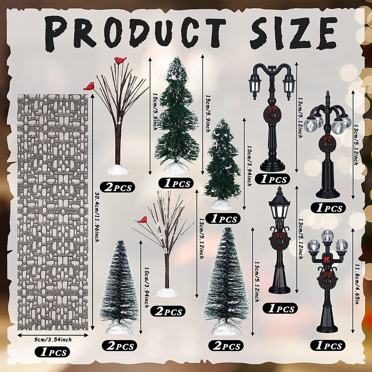 Aoriher 15 Pcs Christmas Figurine Village Accessories Miniature Pine Trees Snow Artificial Christmas Trees Cardinal Bare Branch Trees Streetlight Lamps Cobblestone Street Figurine for Xmas (Classic)