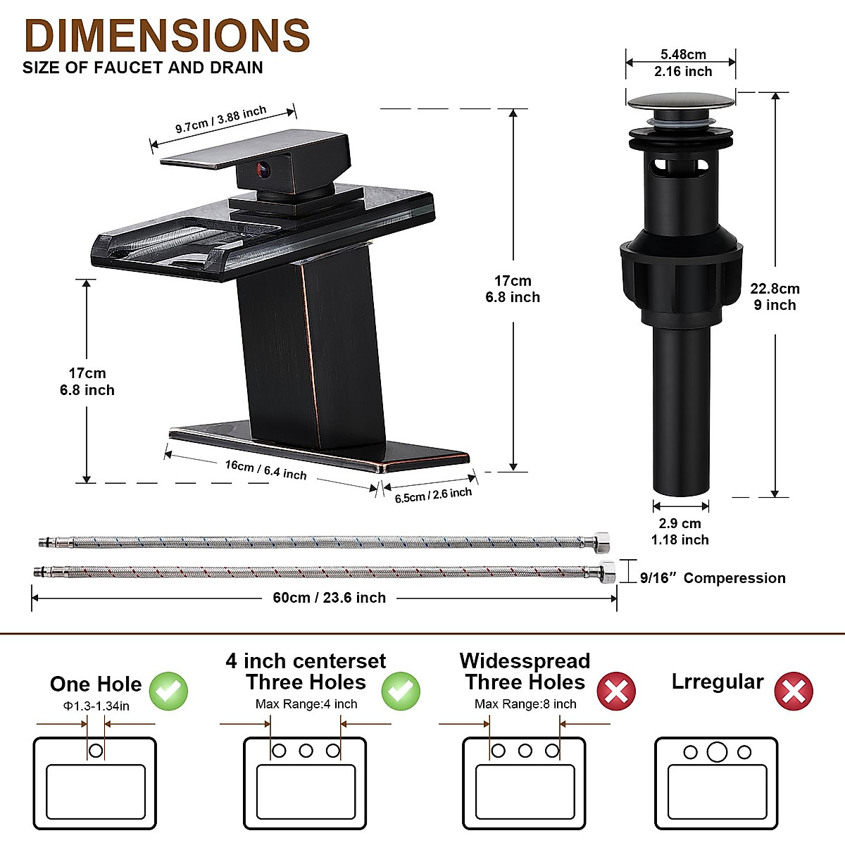 ZORIOU LED Bathroom Sink Faucets, Oil Rubbed Bronze Waterfall 3 LED Light Single Handle Stainless Steel Bathroom Faucet with Pop Up Drain