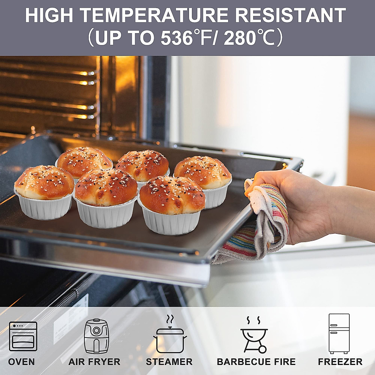 LotFancy Aluminum Foil Cupcake Baking Cups with Lids and Spoons, 5oz/125ml, 50 Pack Disposable Creme Brulee Ramekins, Oven Safe Mini Cake Tins Muffin Cups, Silver