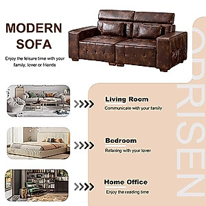 Oprisen 82”Modern Loveseat Sofa Couch for Livingroom Comfy PU Leather Loveseat Couch w/Adjust Headrest, Tufted Button Deep Seat Futon Set w/Wide Arm/Pillows for Apartment (PU-Brown)
