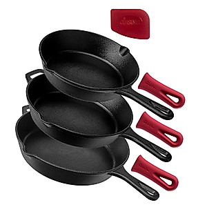 Cuisinel Cast Iron Skillets Set - 12" + 10" + 8"-Inch Pre-Seasoned Frying Pans + Silicone Handle Grip Covers - Use Indoor/Outdoor, Oven, Grill, Stove, BBQ, Camp Fire, Induction Kitchen Cookware