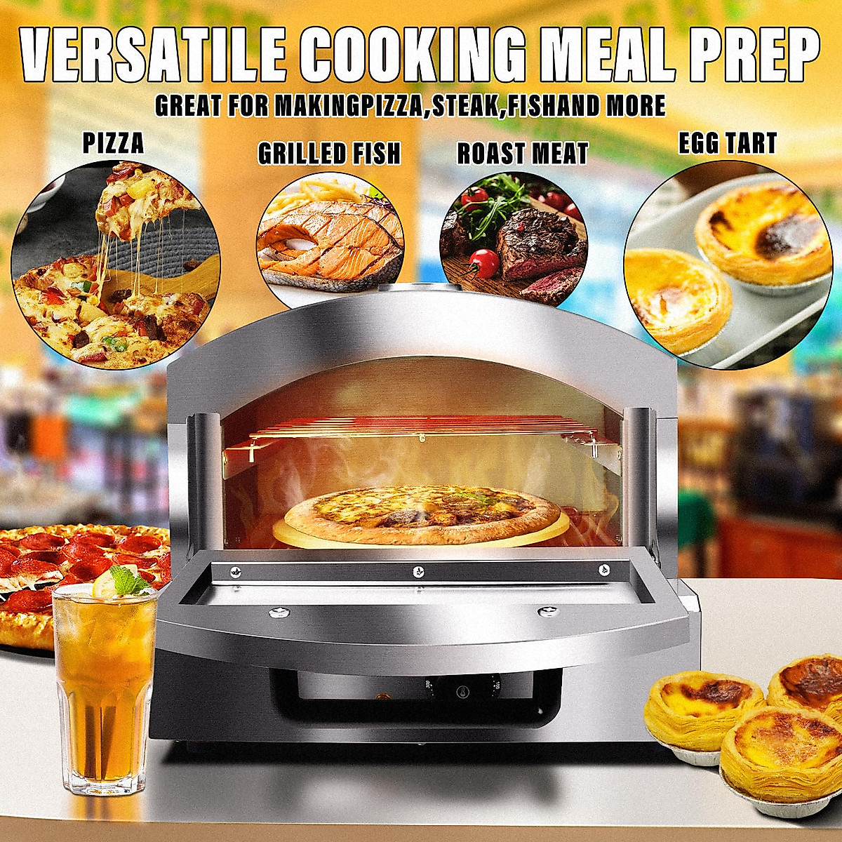 Portable Pizza Oven |Countertop Electric Pizza Maker |Outdoor Pizza Grill|Stainless Steel 1800W Power|Double Layer with 14in Pizza Stone|For Commercial&Kitchen|