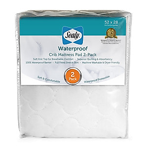 Sealy Waterproof Fitted Crib/Toddler Mattress Pad Cover 2-Pack - 100% Waterproof, Deep Fitted Stretch Skirt, Machine Washable & Dryer Friendly 52”x28” - 2 Protector Pads (White)